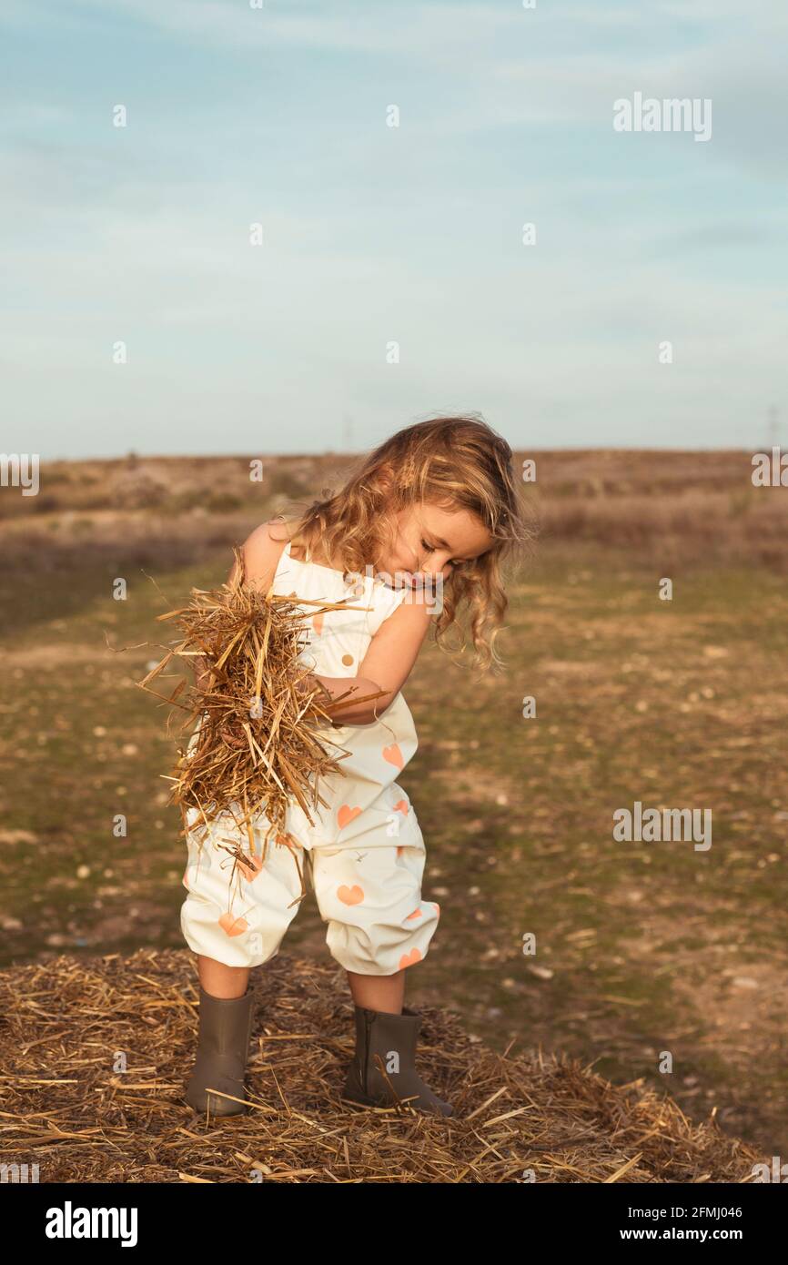 Adorable child in overalls playing with hay near straw bales in ...