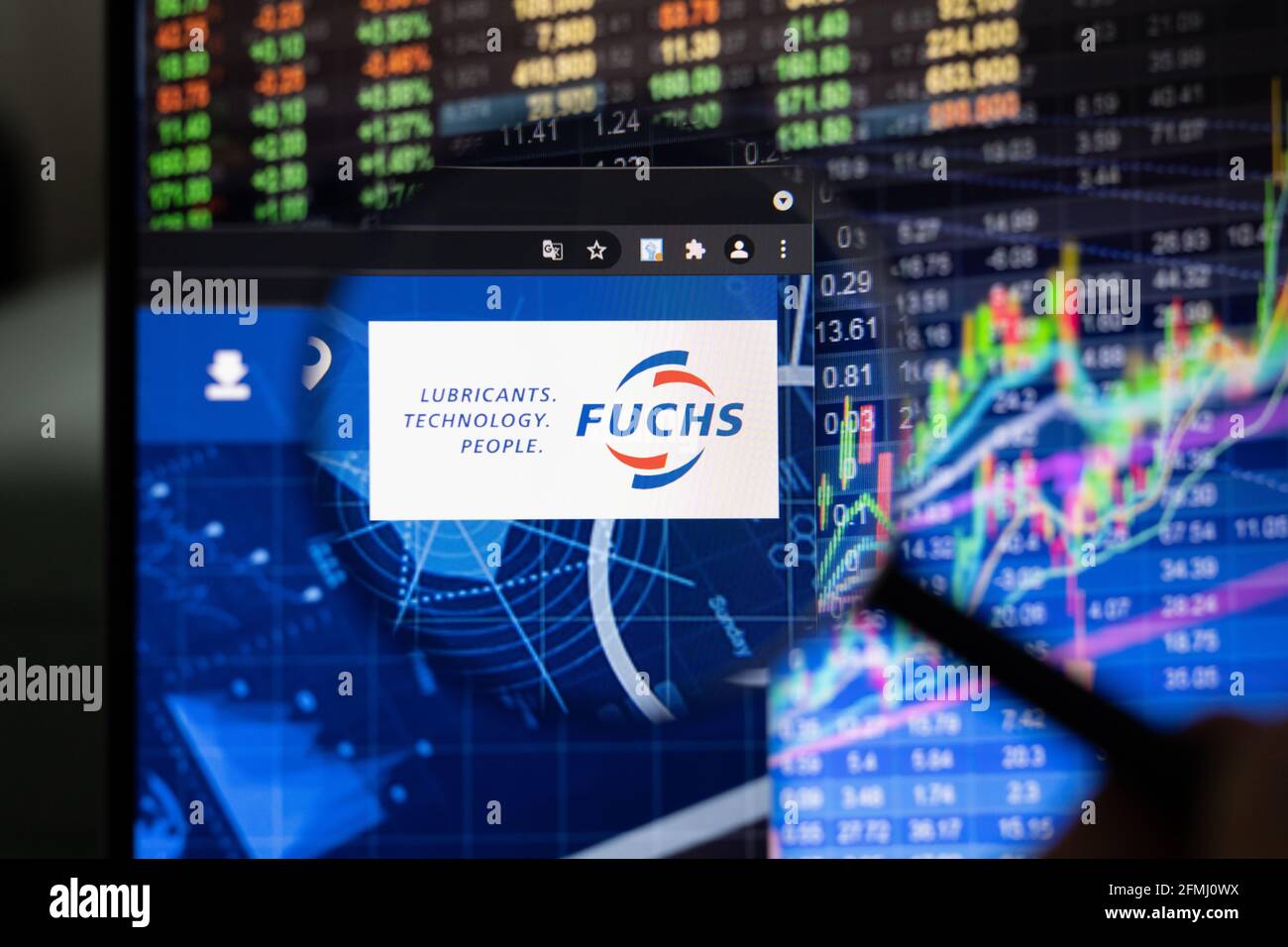 Fuchs company logo on a website with blurry stock market developments in the background, seen on ...