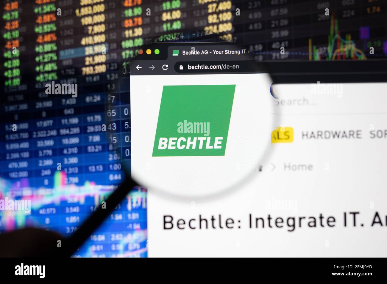 Bechtle company logo on a website with blurry stock market developments ...