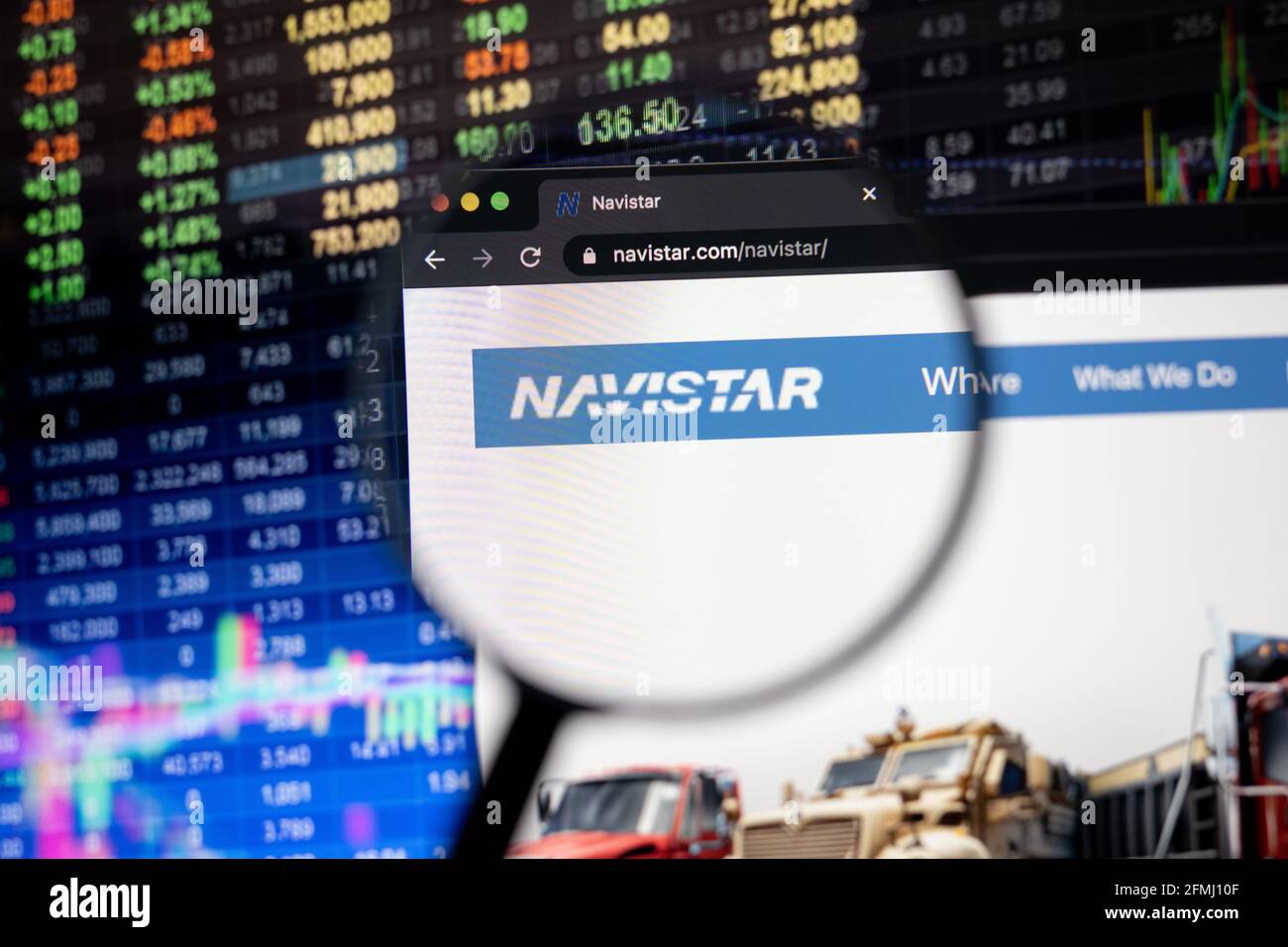 Navistar company logo on a website with blurry stock market developments in the background, seen ...