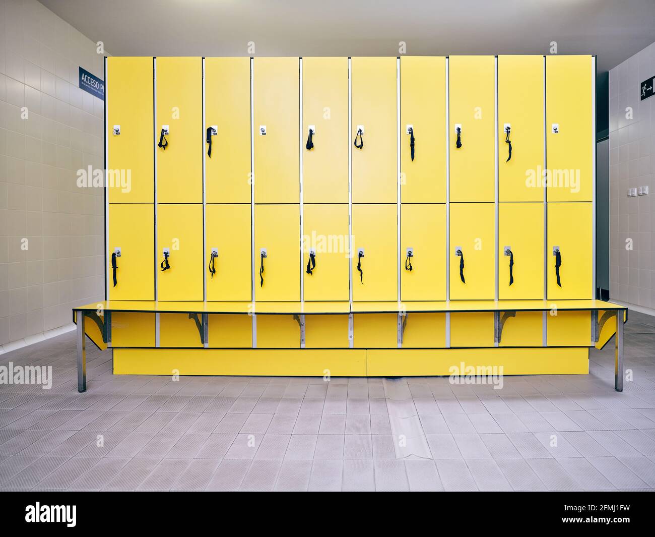 Modern bright lockers in rows with keys above bench between narrow ...