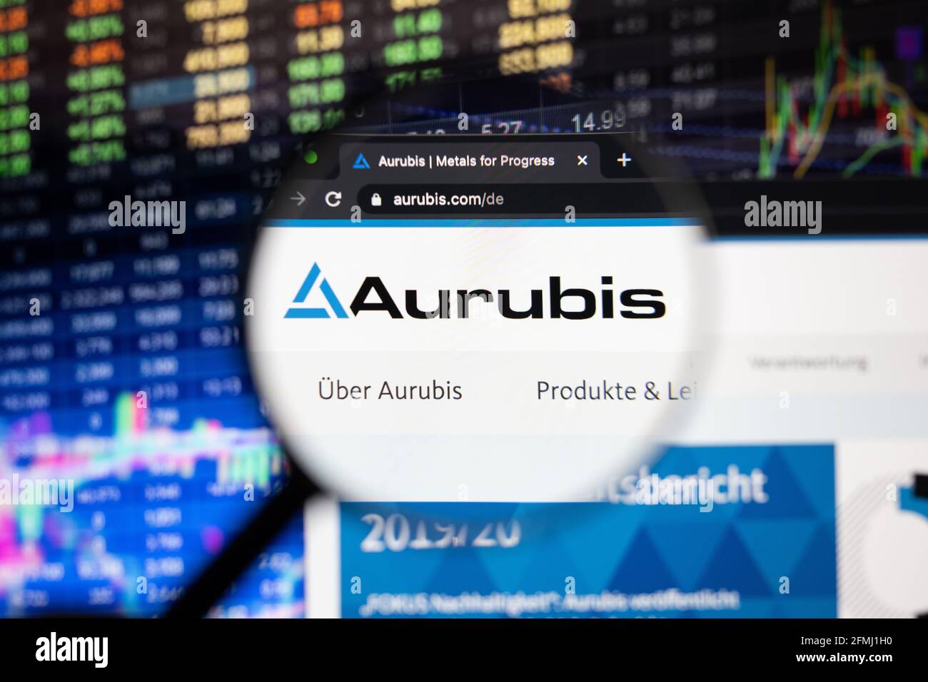 Aurubis company logo on a website with blurry stock market developments in the background, seen ...