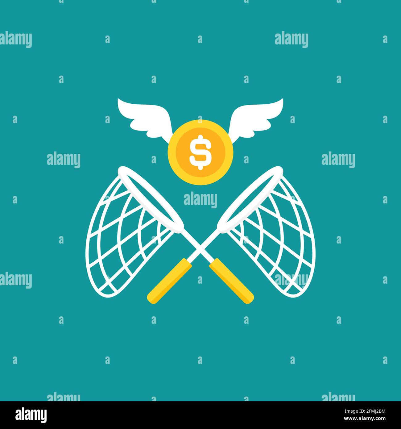 Two crossed butterfly nets with flying golden coins. Catch, hunt, chase ...