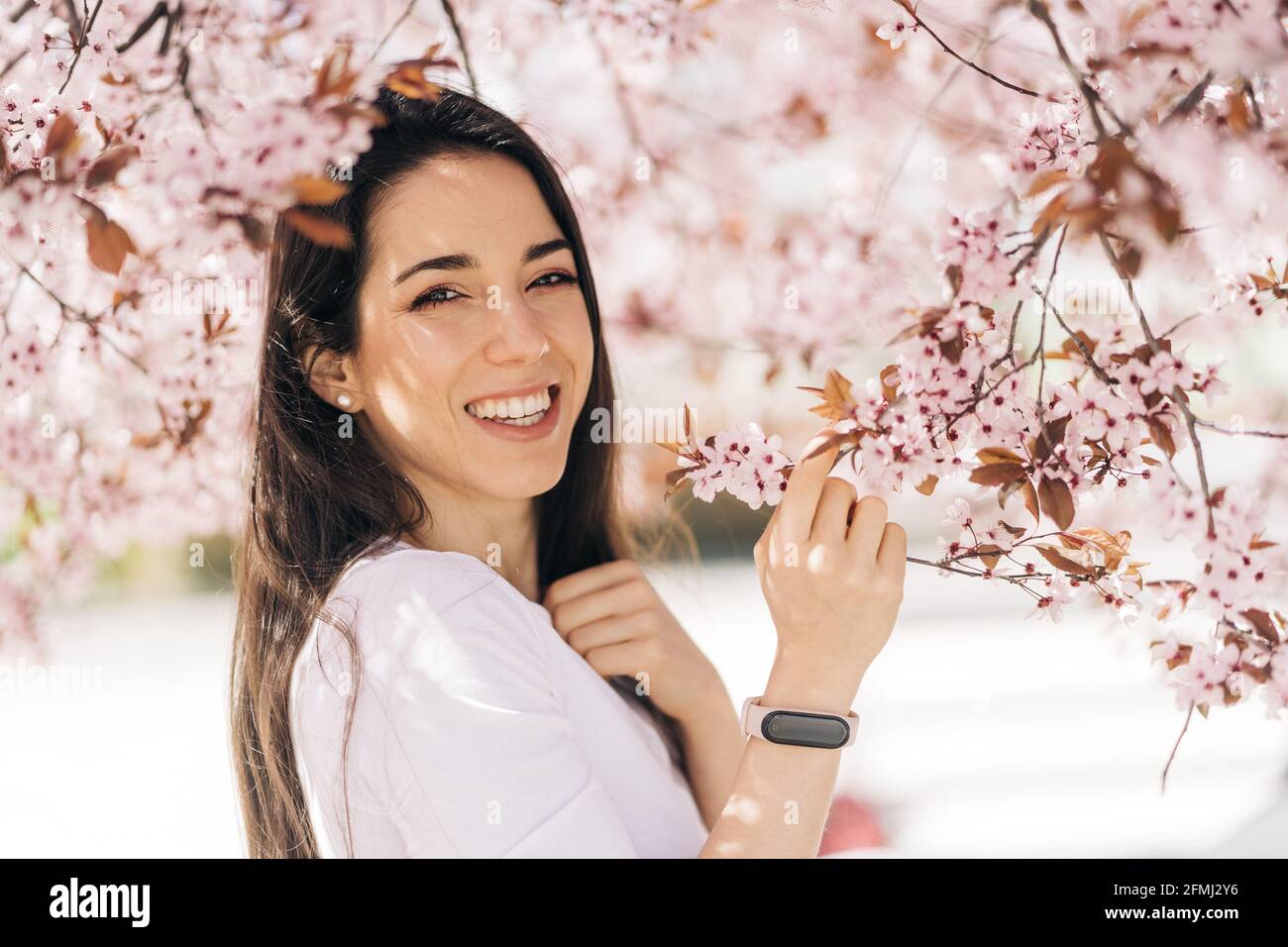 Young alluring female looking at camera under almond blossom tree on ...