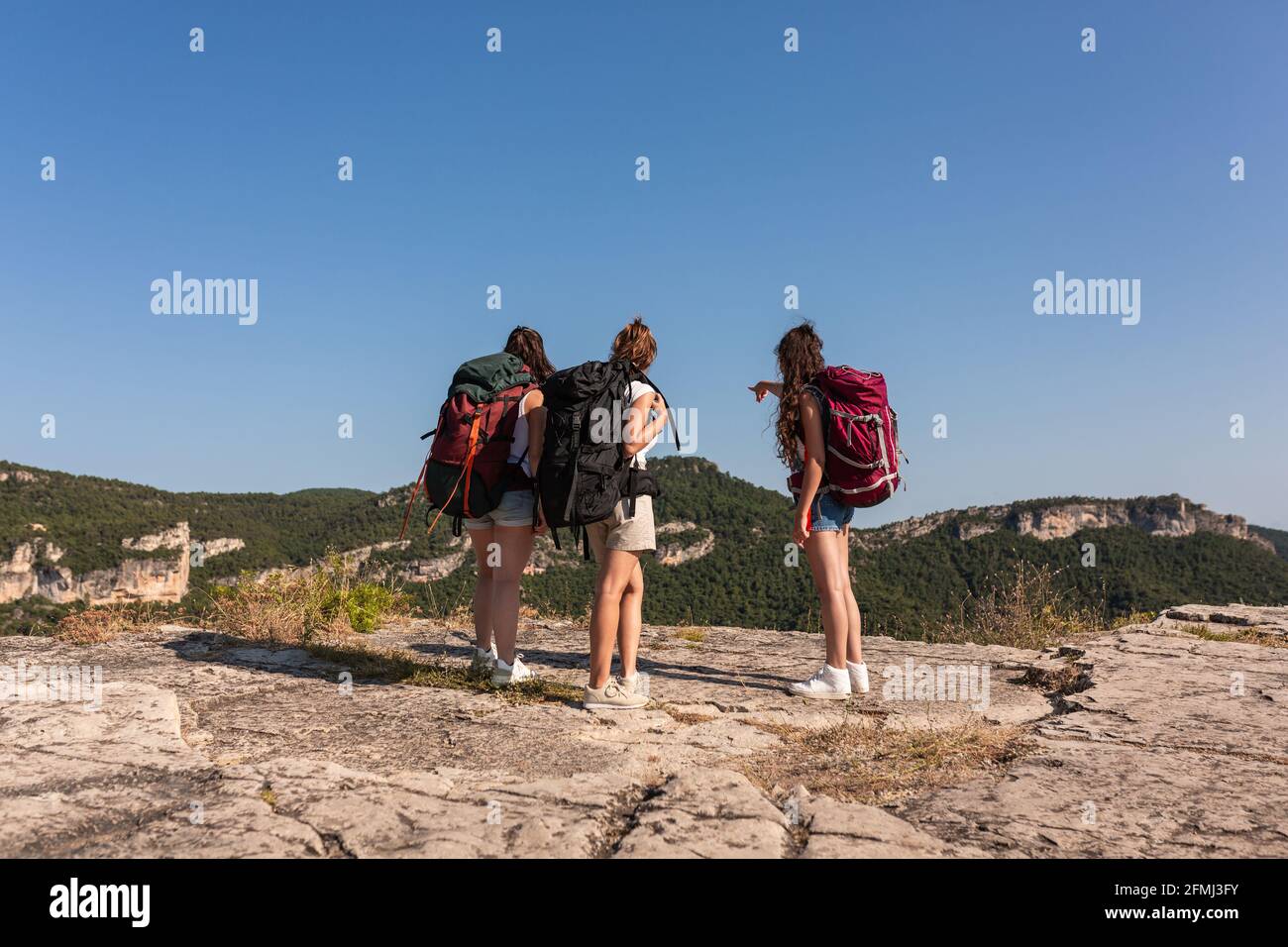 Back view of group of unrecognizable female backpackers standing on ...
