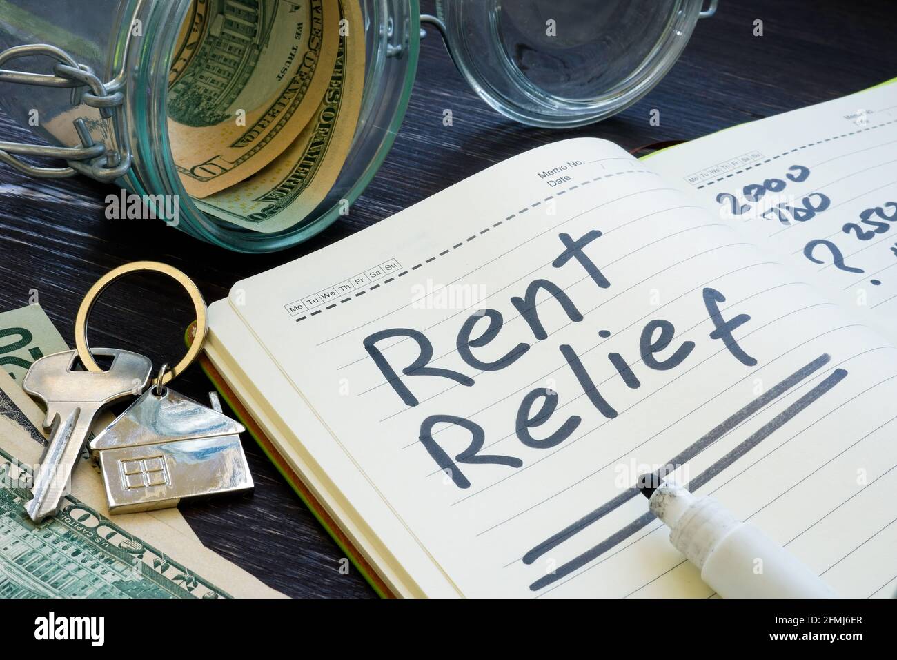 Rent relief sign and almost empty jar with money Stock Photo - Alamy