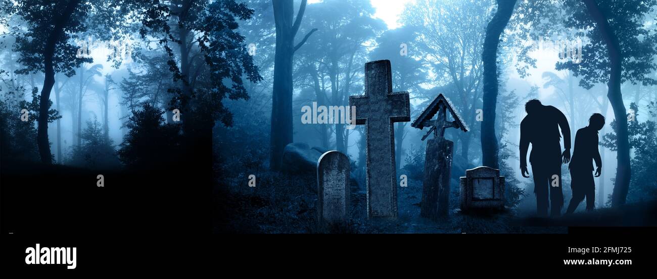 Horizontal banner with two zombies in scary landscape of foggy forest ...