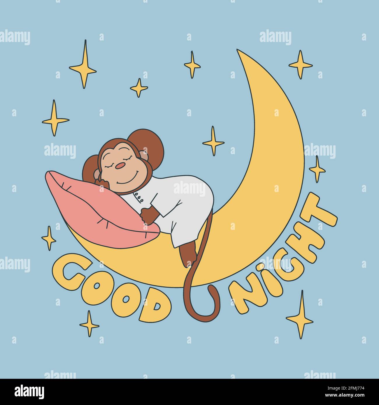 Cute monkey sleeping on the moon, vector hand drawn illustration Stock ...