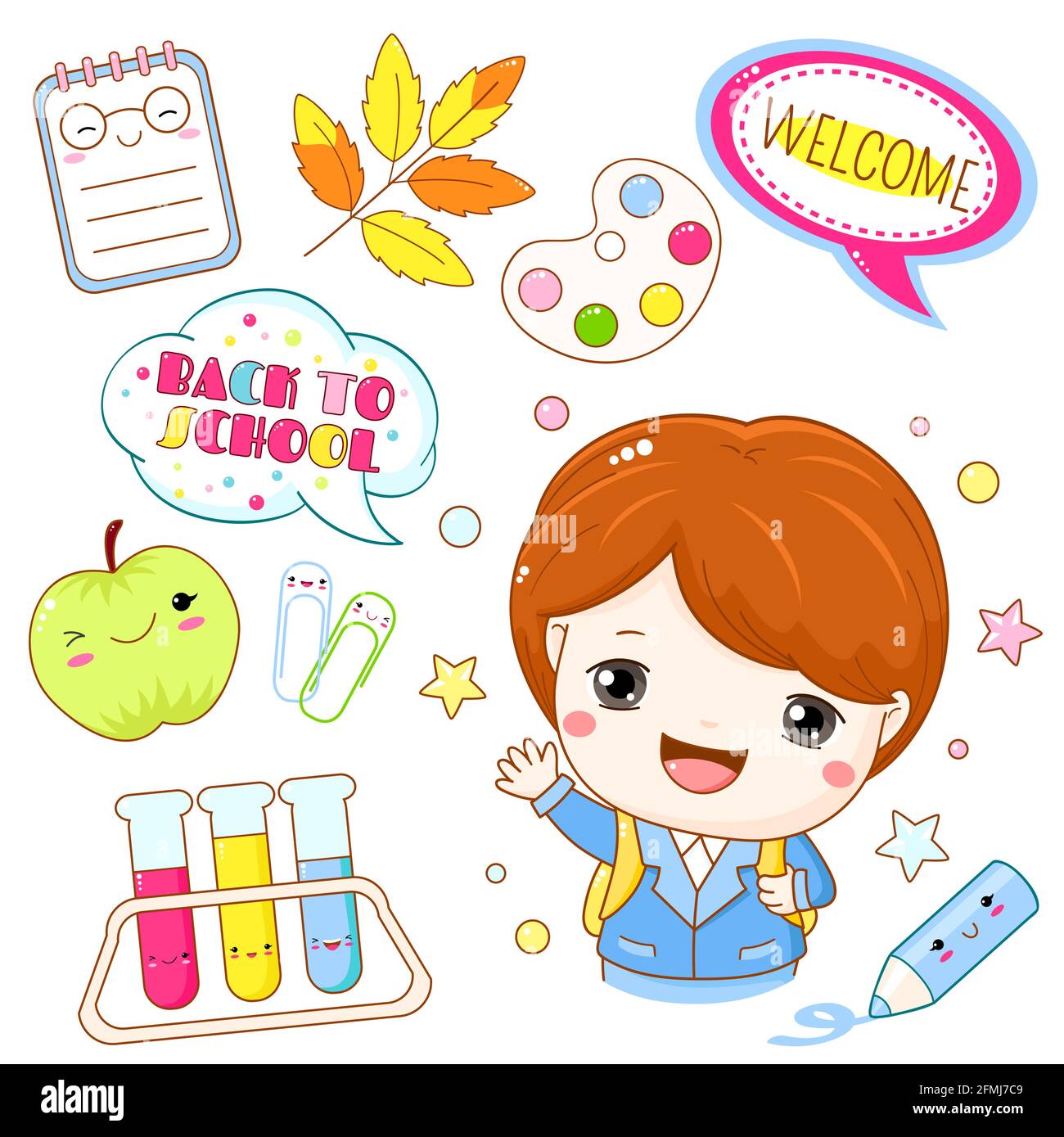 Back to school. Little boy with a backpack. Collection in kawaii style ...