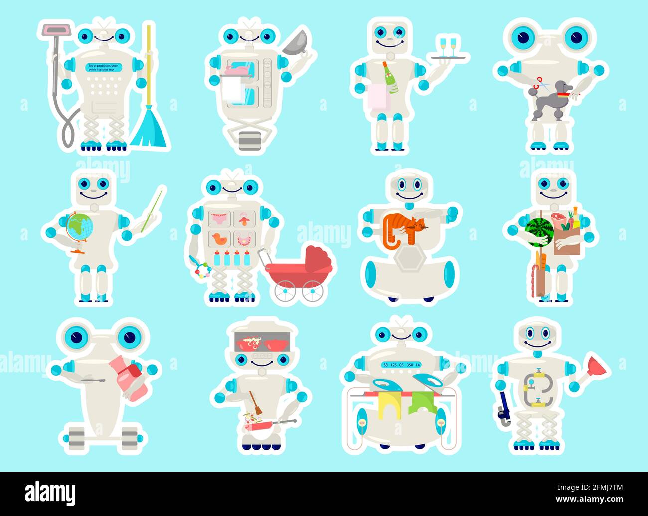 Robot stickers set. Cute sticky labels decorated with bot assistant ...