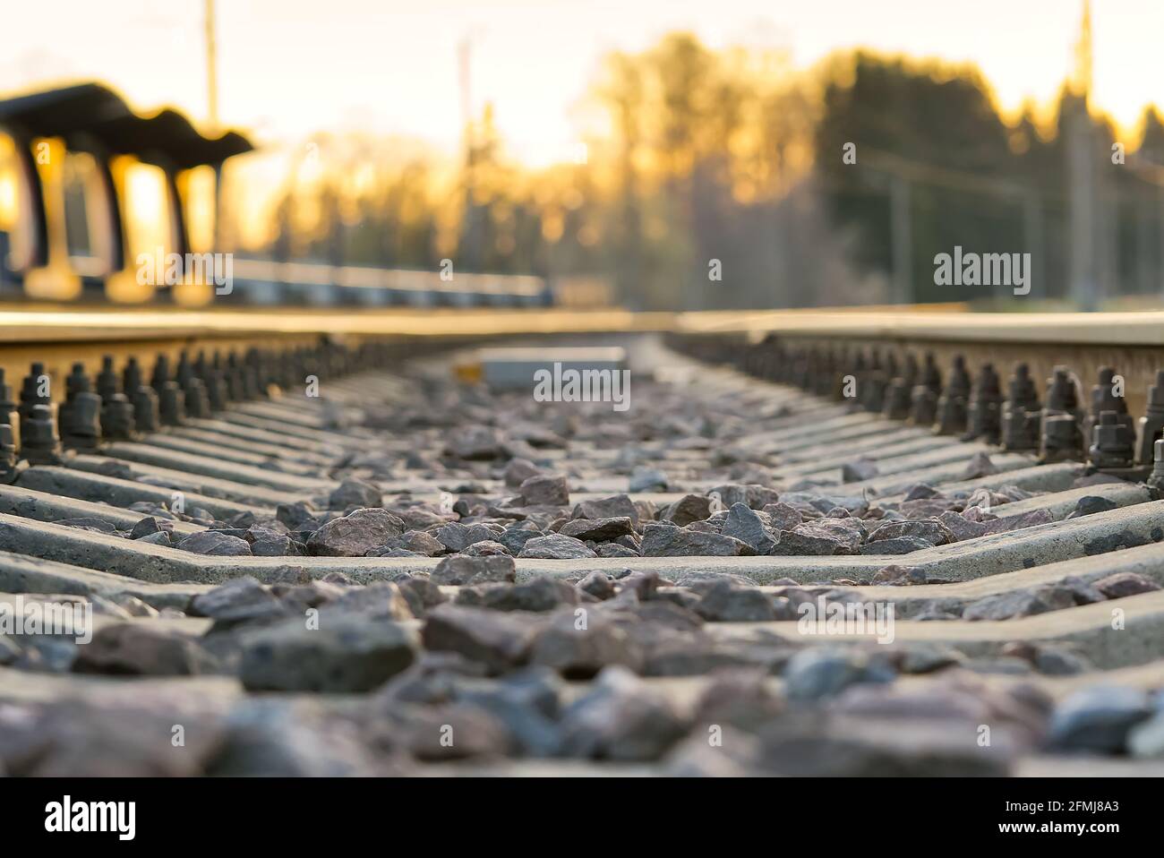 railroad rails on concrete sleepers. updated railway for high-speed ...
