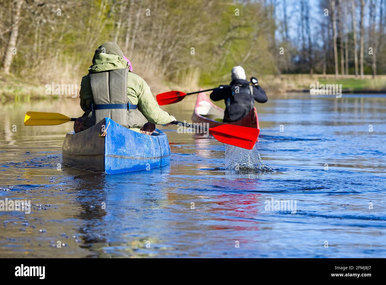 family canoeing on the river in the early morning. joint pastime ...