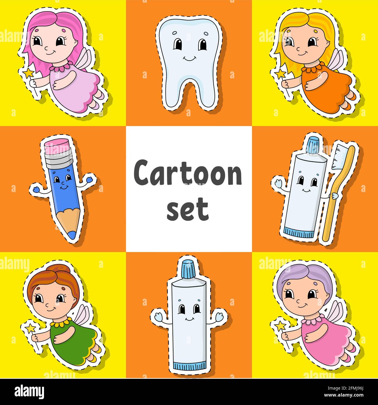 Set of stickers with cute cartoon characters. Dental clipart. Hand ...