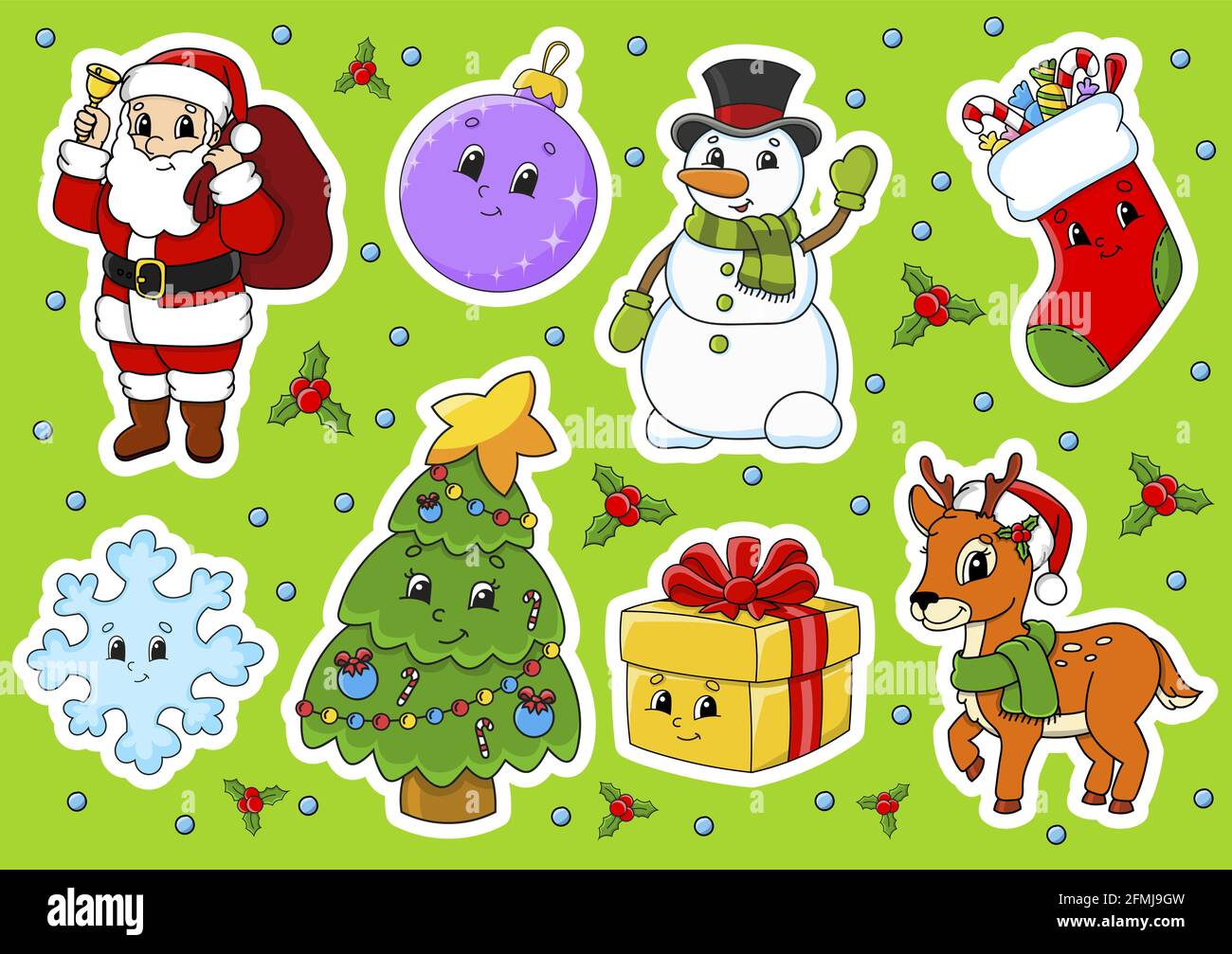 Set of stickers with cute cartoon characters. Christmas theme. Hand ...