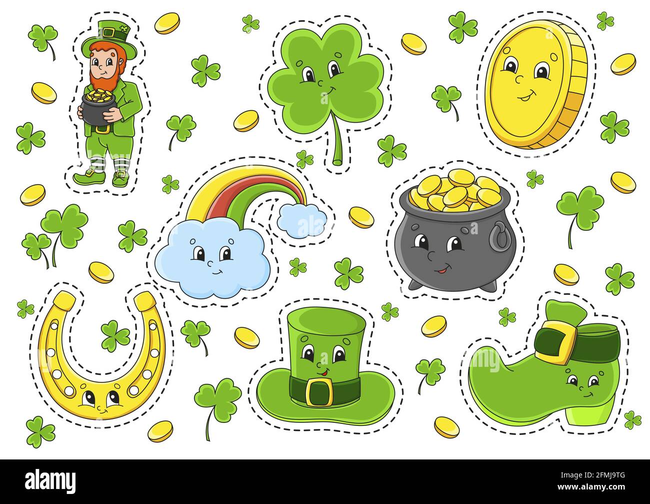 Set of stickers with cute cartoon characters. St. Patrick's Day. Hand ...