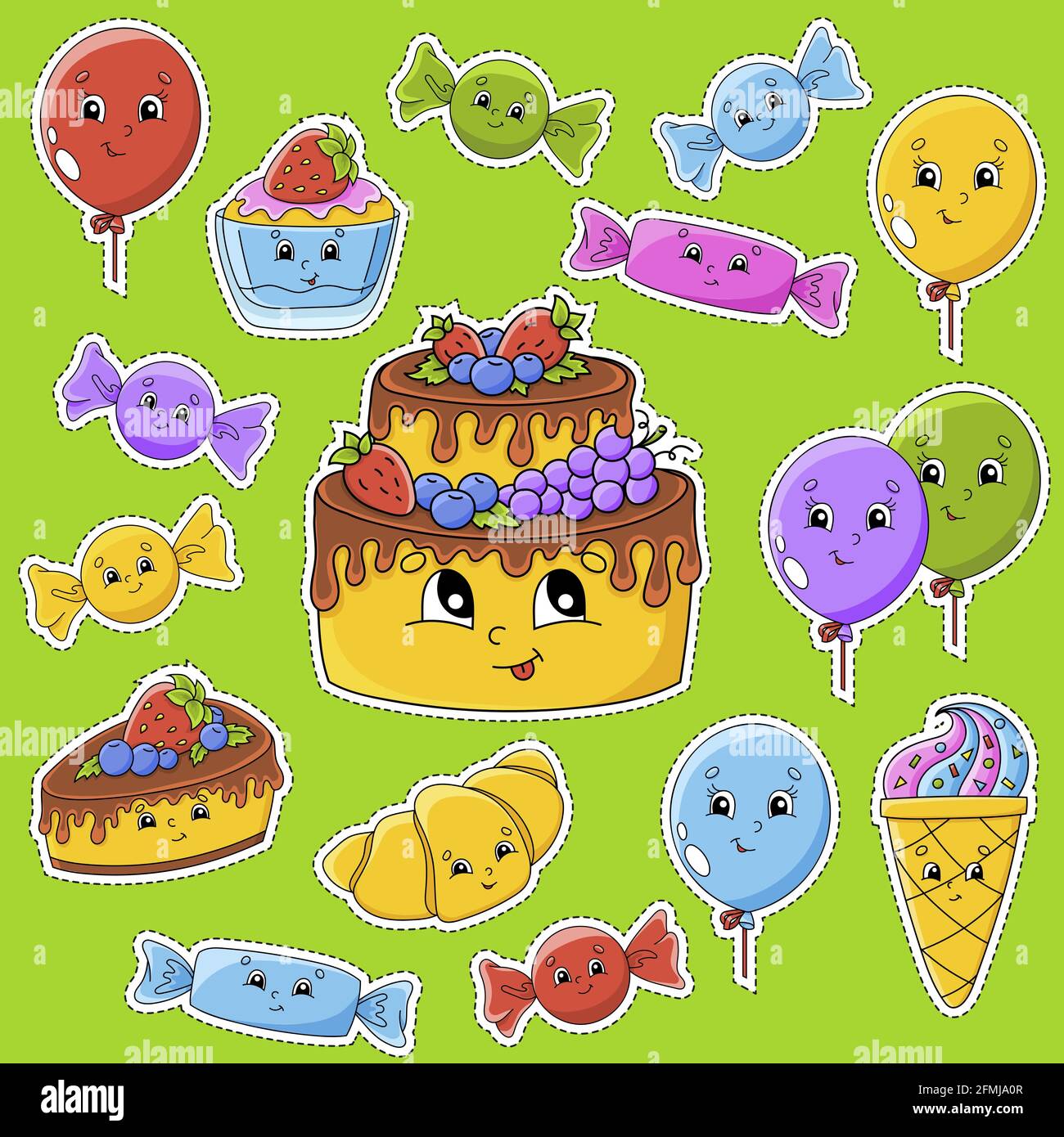 Set of stickers with cute cartoon characters. Happy birthday theme ...