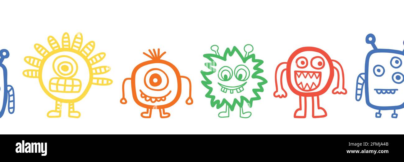 Kids border cute monster seamless vector. Repeating funny aliens and ...