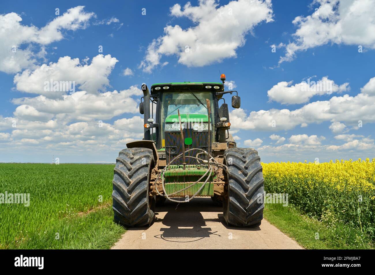 Landscape with a big tractor between a canola and a wheat field under ...