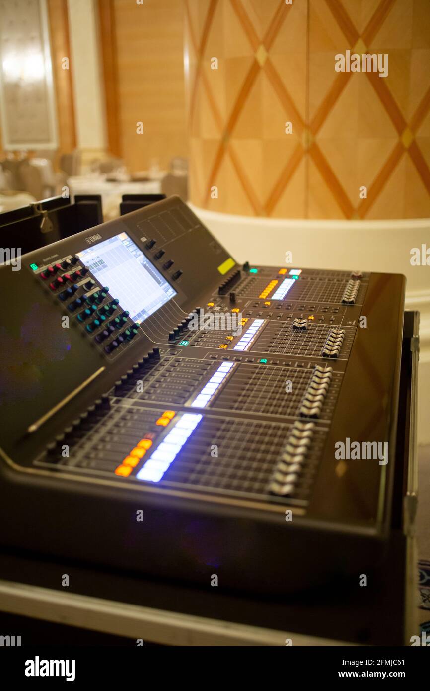 Professional big black sound mixer console controller on a party sound ...