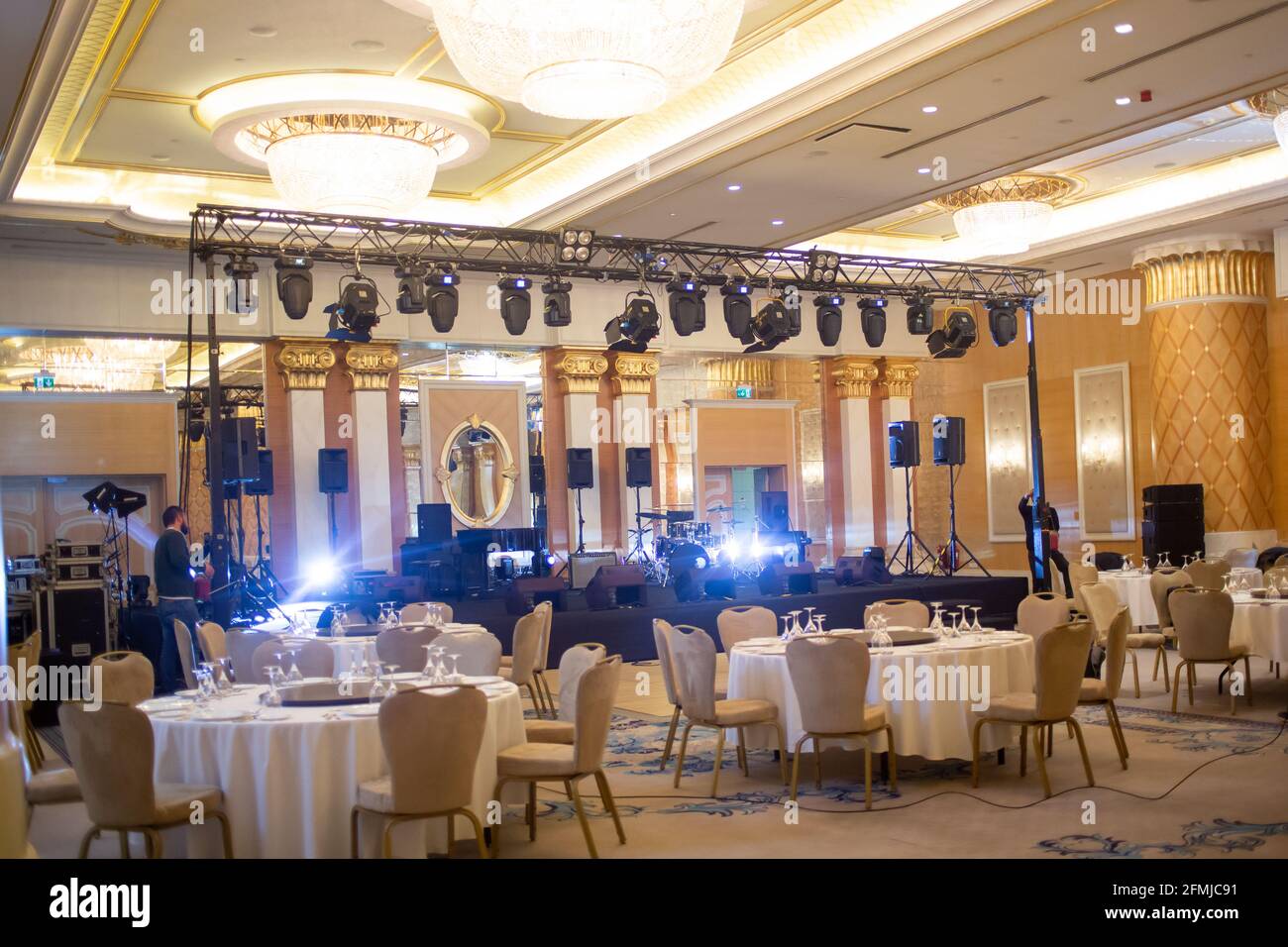 Party show live music stage set up with truss, sound and light systems ...