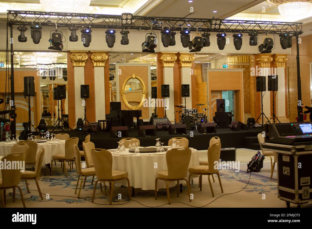 Party show live music stage set up with truss, sound and light systems ...