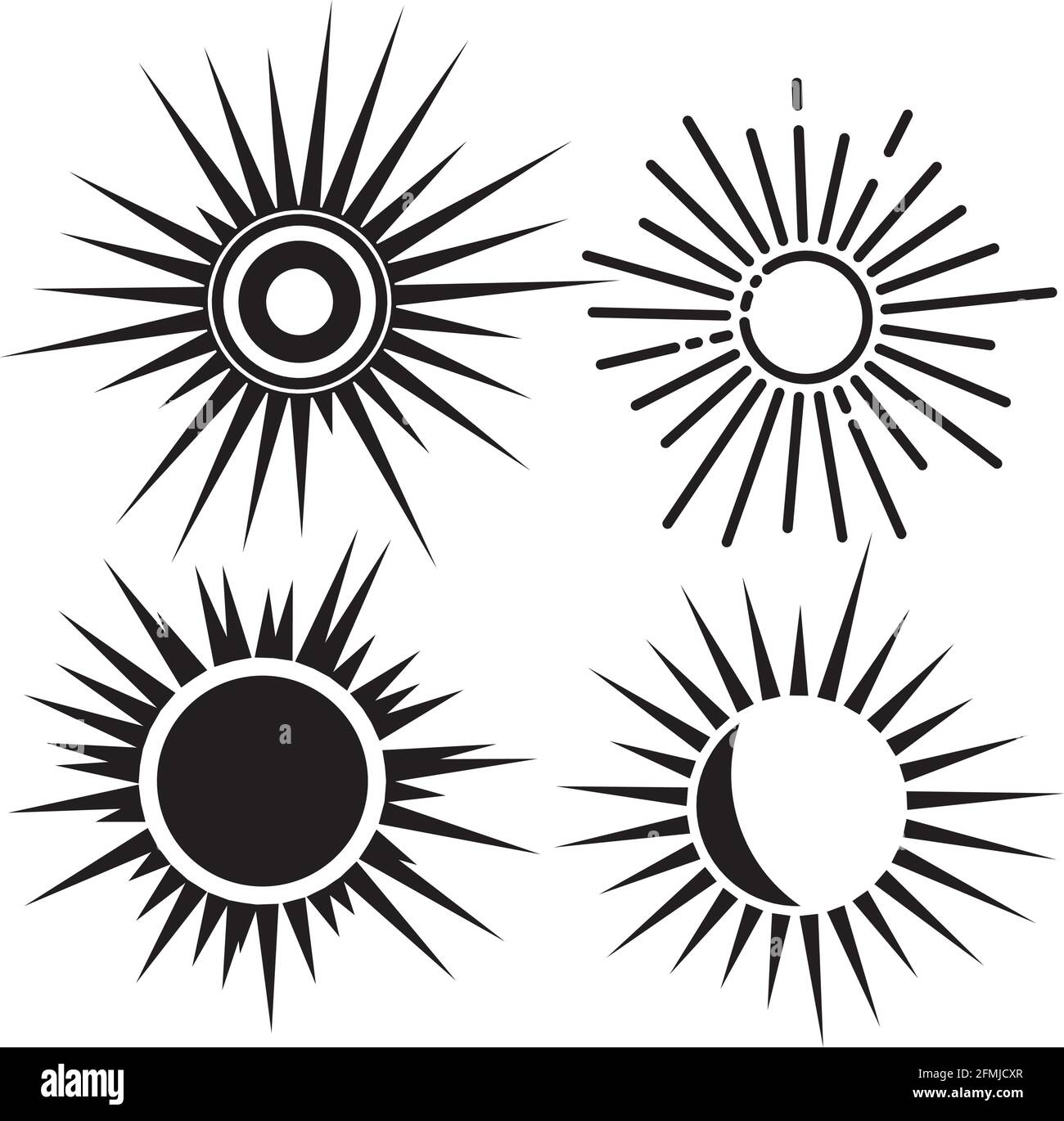 Set of sun icons. Big black sun icons set isolated on white background ...