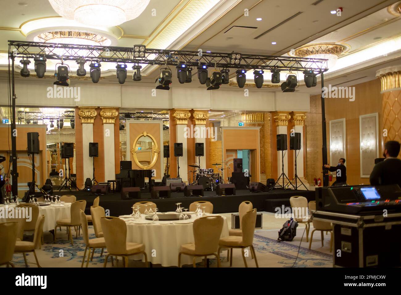 Party show live music stage set up with truss, sound and light systems ...