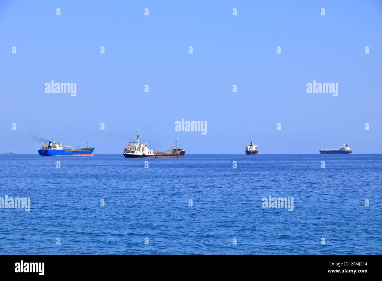 October 06 2020 - Limassol, Cyprus: Large container ships waiting in ...