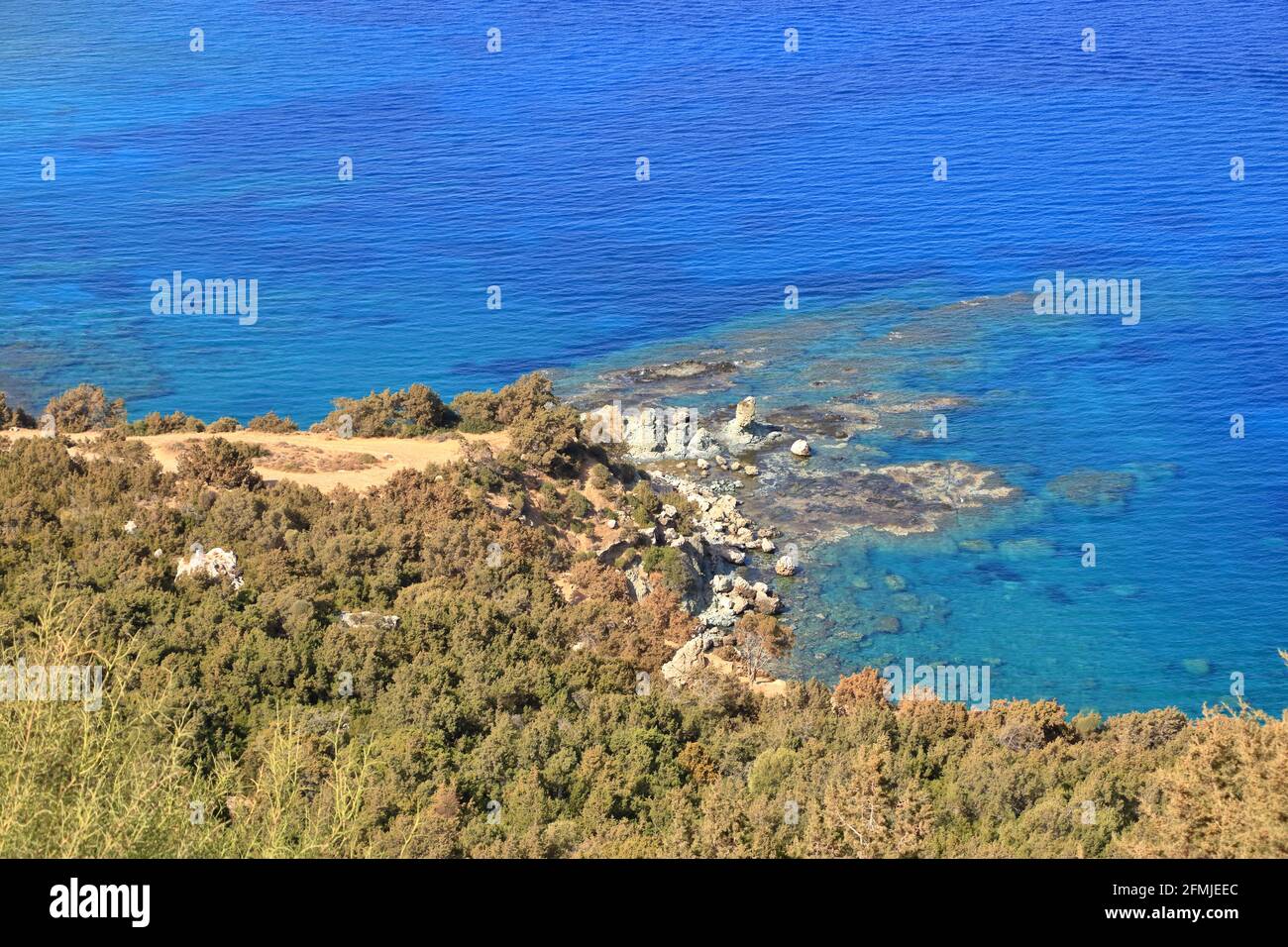 View from above to Cyprus island sea coast with blue lagoon. Akamas ...