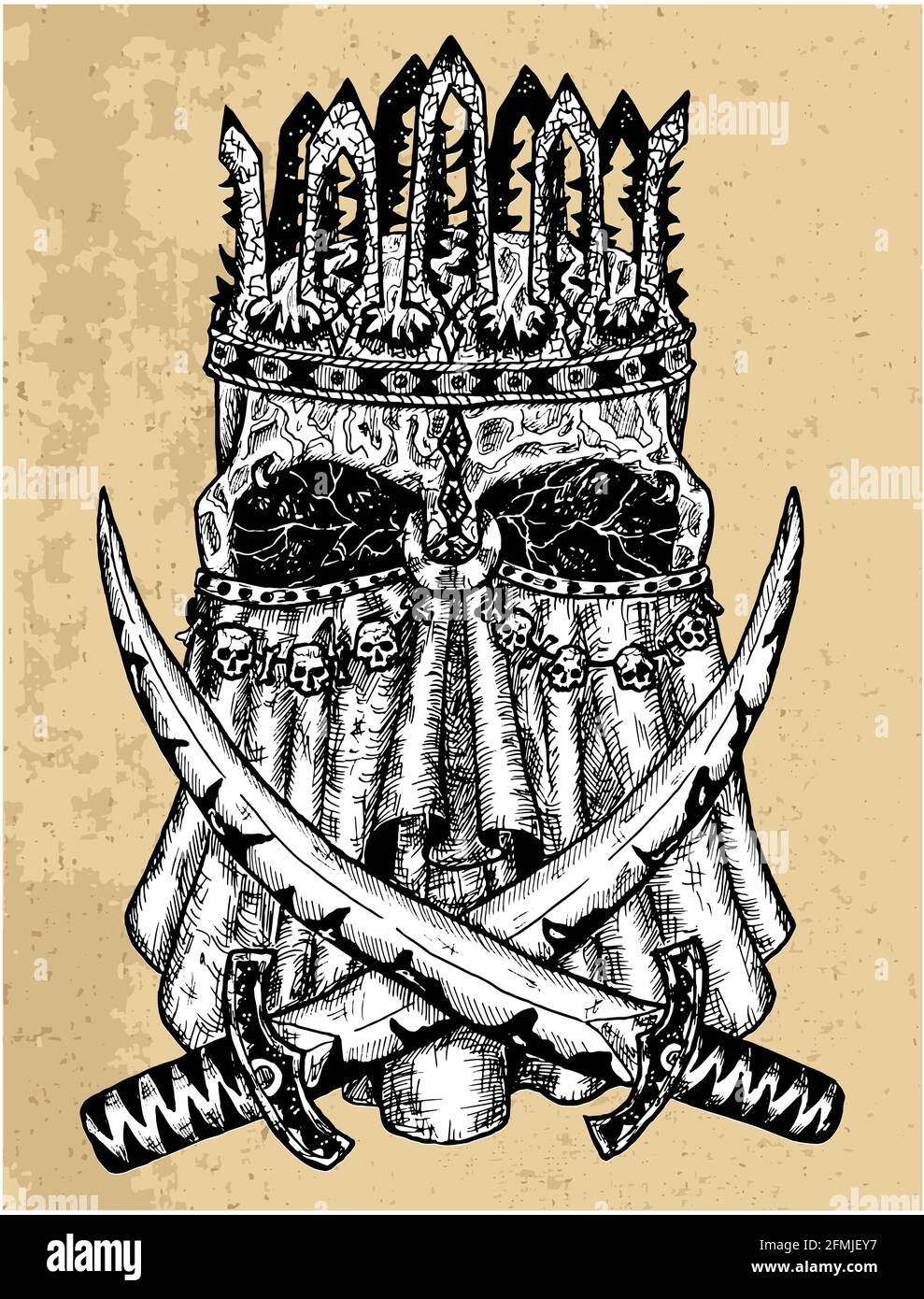 Textured illustration of scary skull of king in crown and mask with two ...