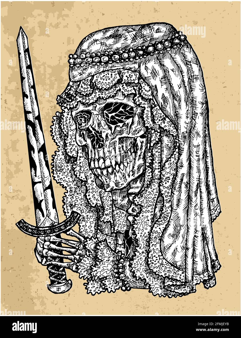 Textured illustration of scary bride skull in veil holding sword ...