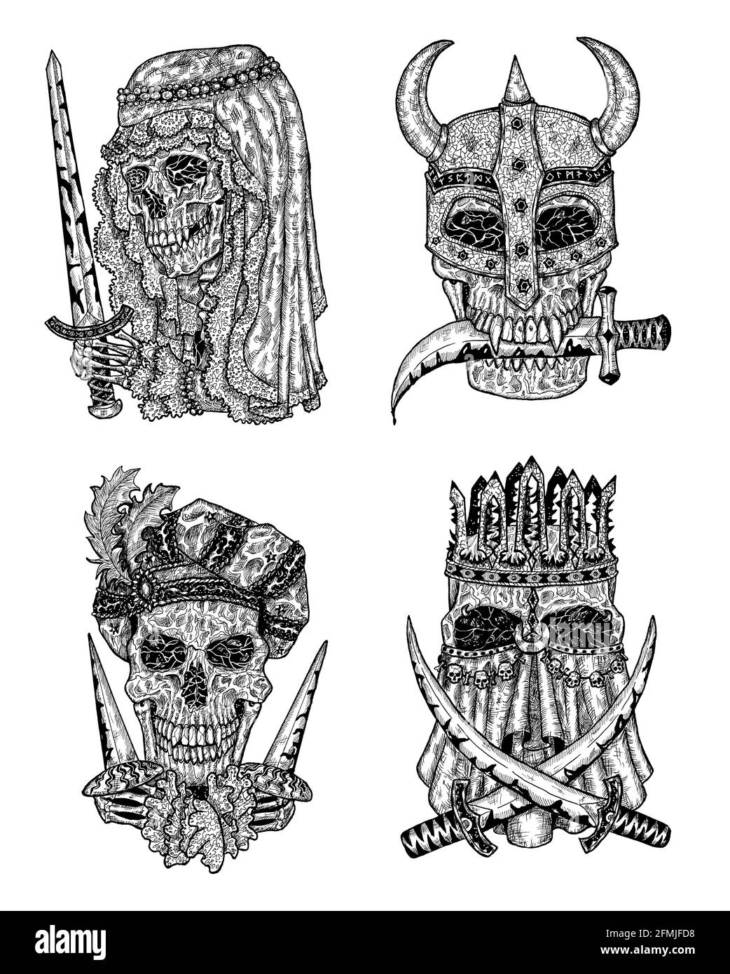 Design set with drawings of king, queen, knight and page scary skulls ...