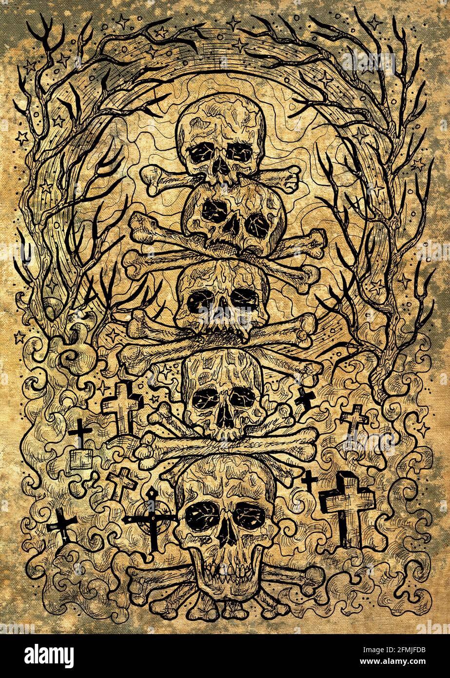 Textured engraved illustration of scary skulls and bones in cemetery ...