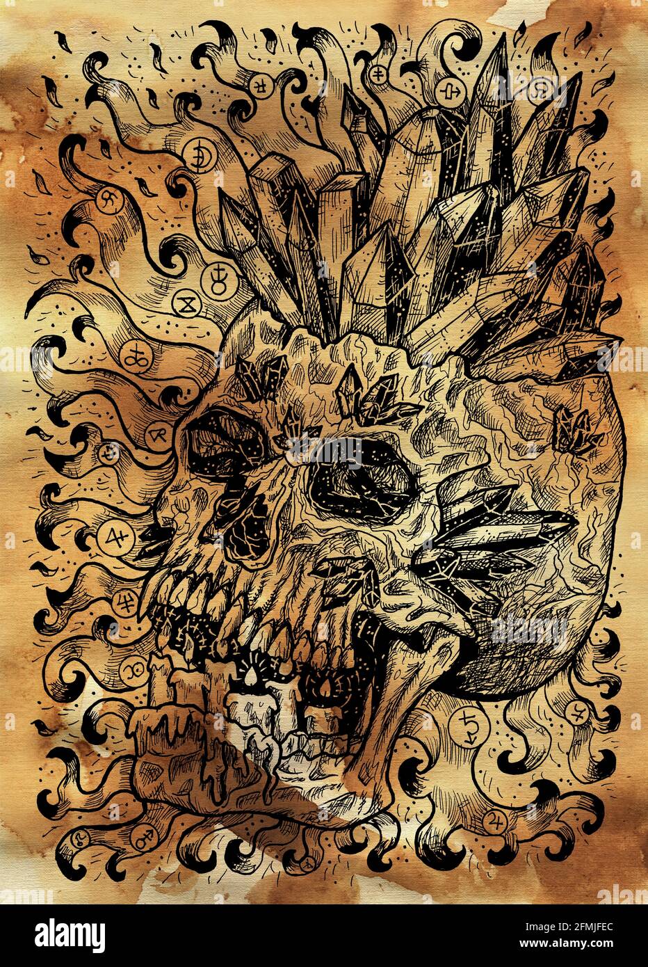 Textured engraved illustration of scary skull with magic crystals and ...