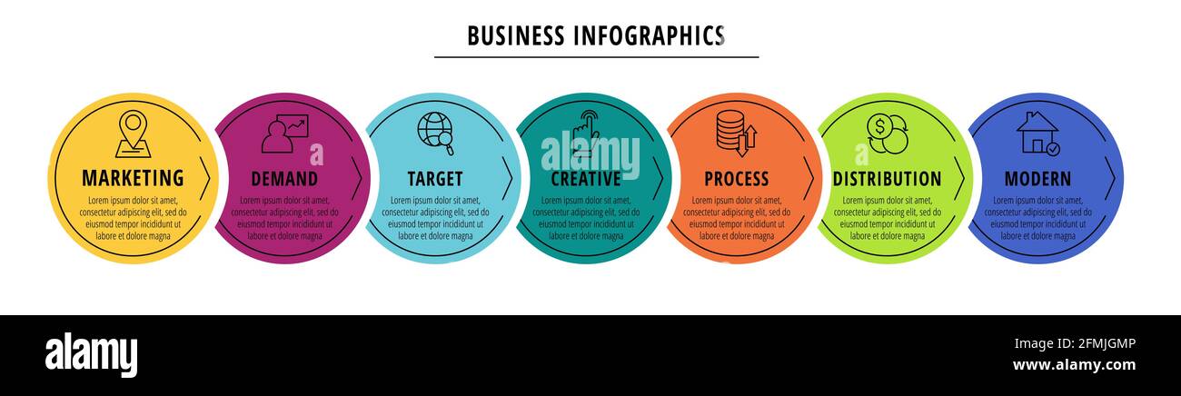 Vector infographics or timeline seven circles cards connected by arrows ...