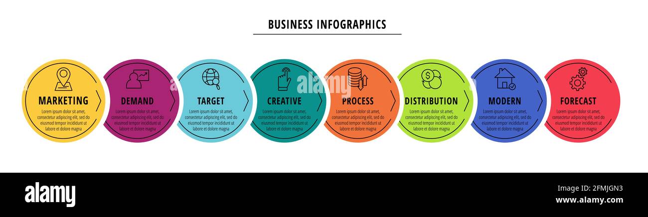 Vector infographics or timeline eight circles cards connected by arrows ...