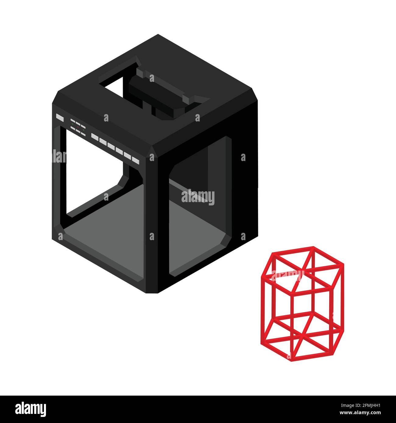 Modern 3D printer and printed figure isolated on white background ...