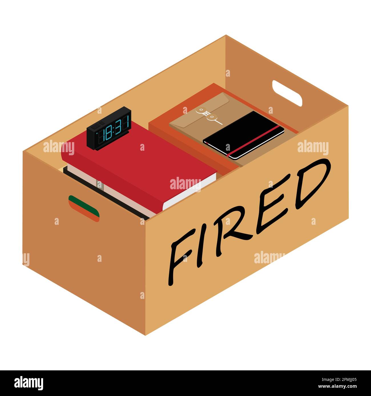 Getting fired. Carton box with personal items, stuff. Last day of work ...