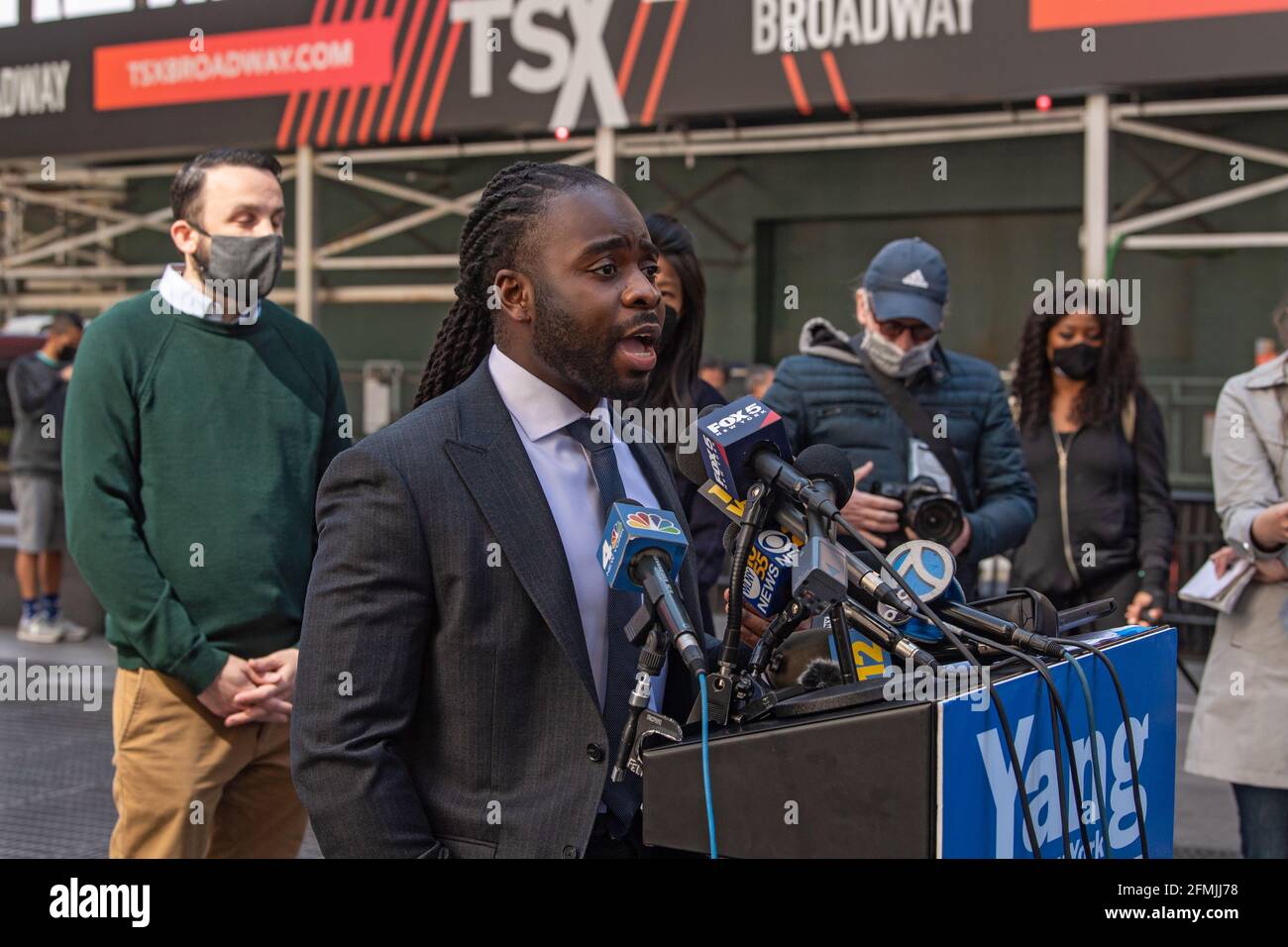 Edwin Raymond speaks at a press conference in Times Square in New York ...