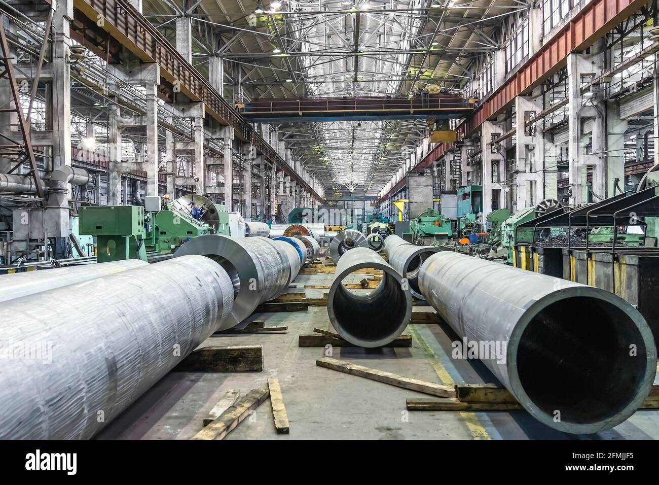 Pipe factory production line warehouse interior, metalwork heavy ...