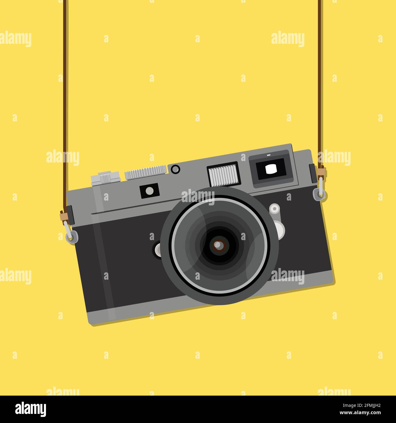 Retro camera in a flat style yellow background. Old camera with strap ...