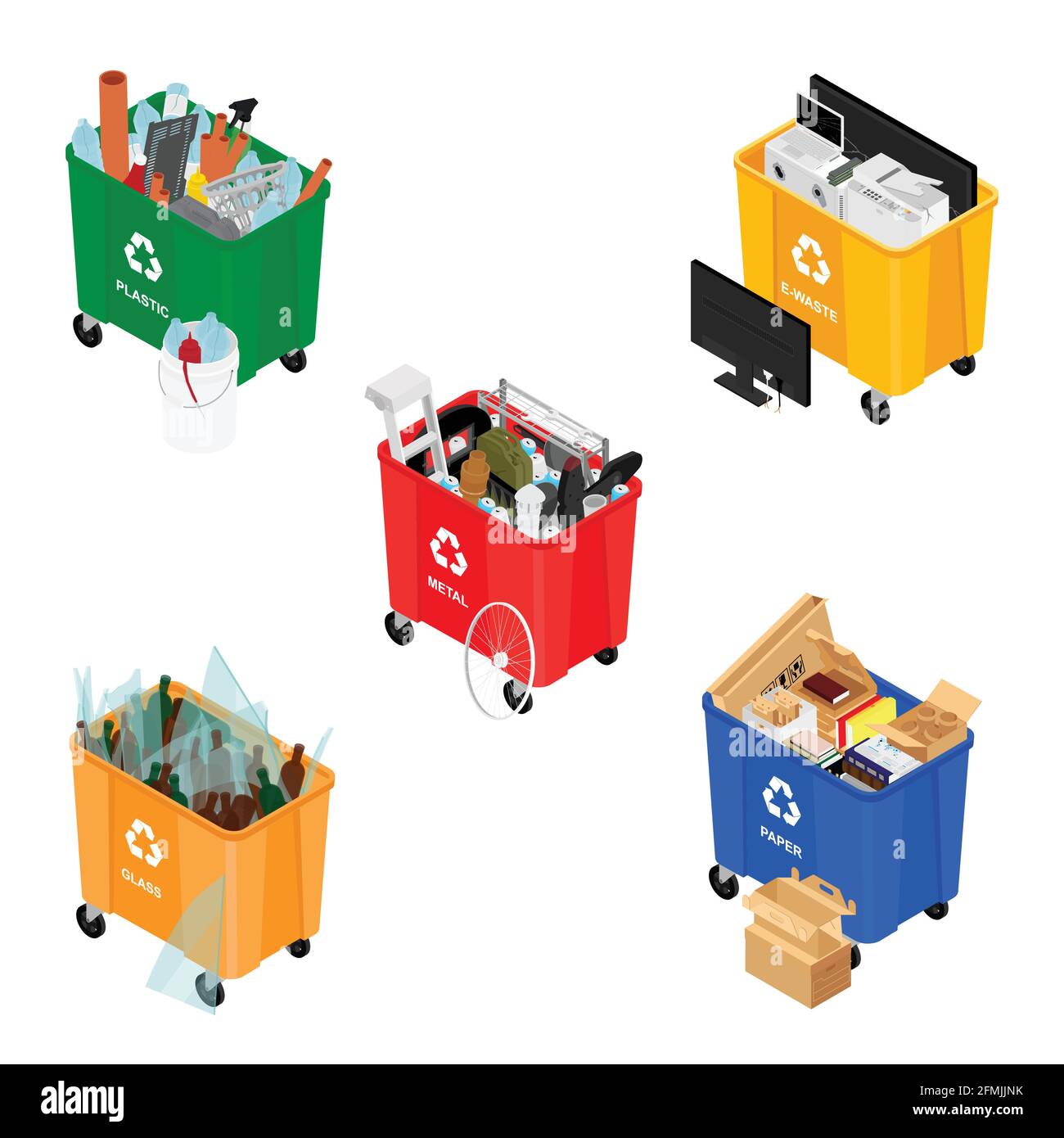Garbage cans full of sorted garbage vector icons. Recycling garbage separation collection ...