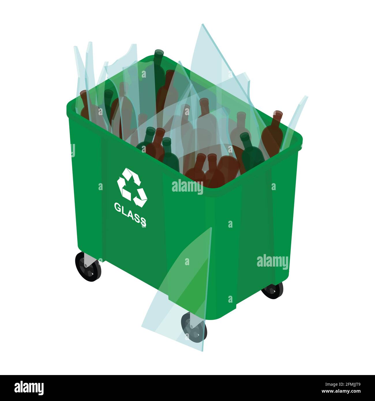 Green can with sorted glass garbage vector icon. Recycling garbage separation and recycled ...