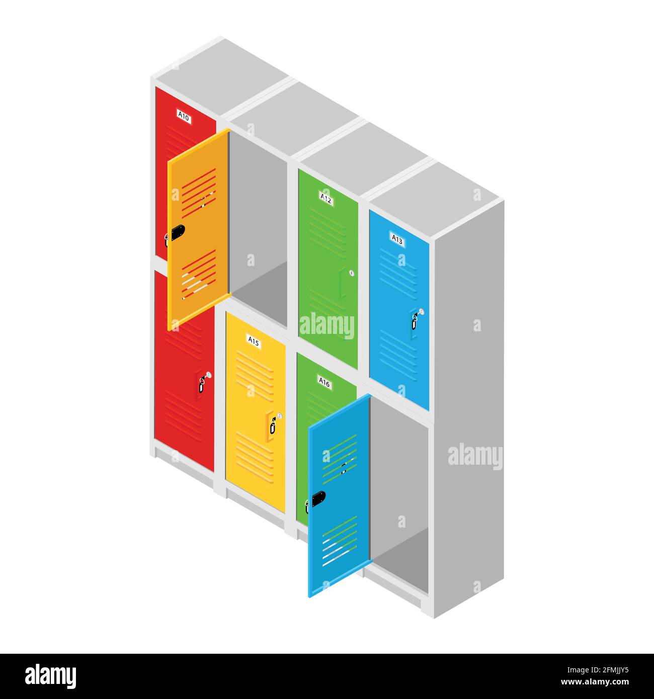 Metal locker door with key isolated on white background. Lockers in gym ...