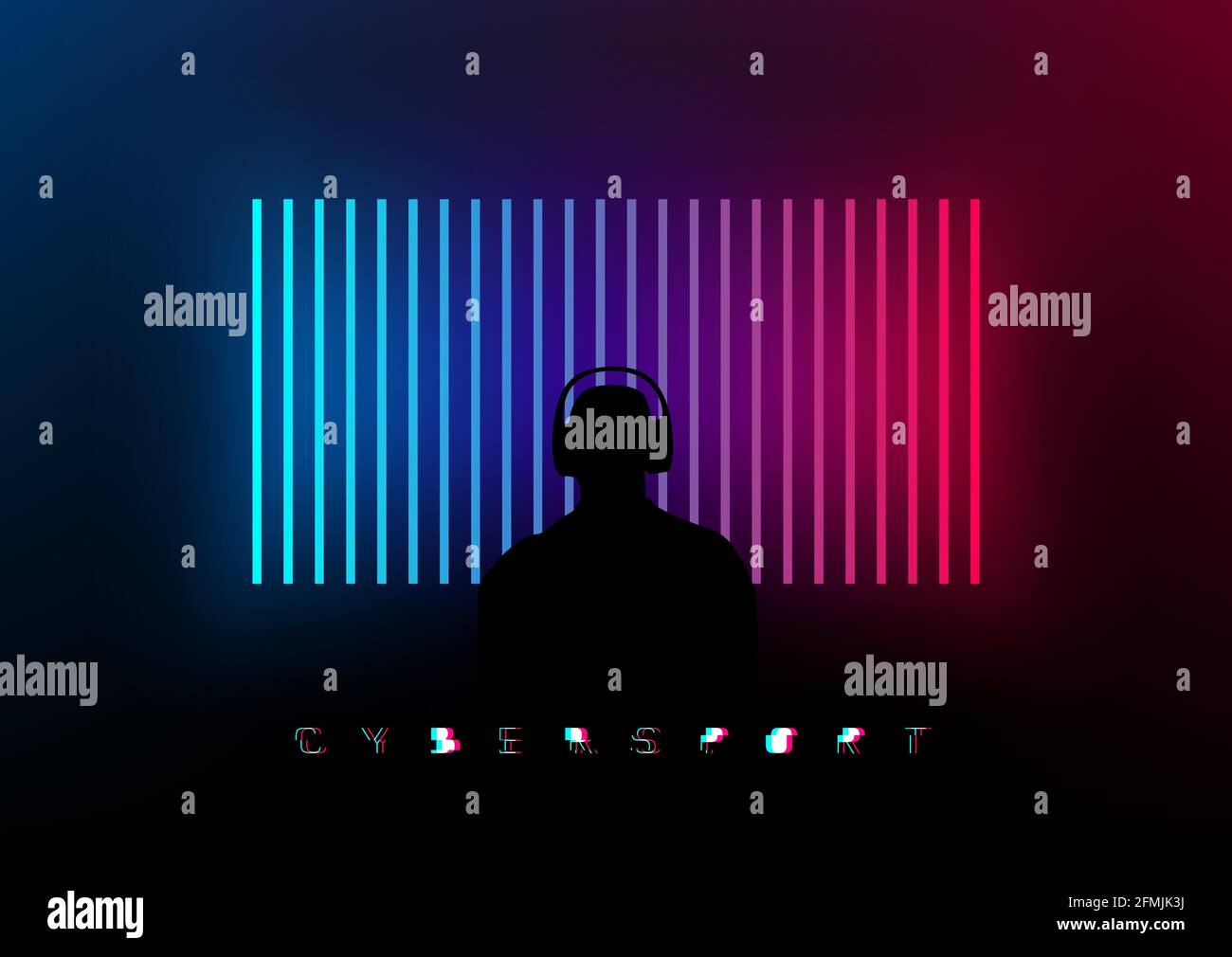 Silhouette of a gamer in front of a creative blue pink glowing stripes ...
