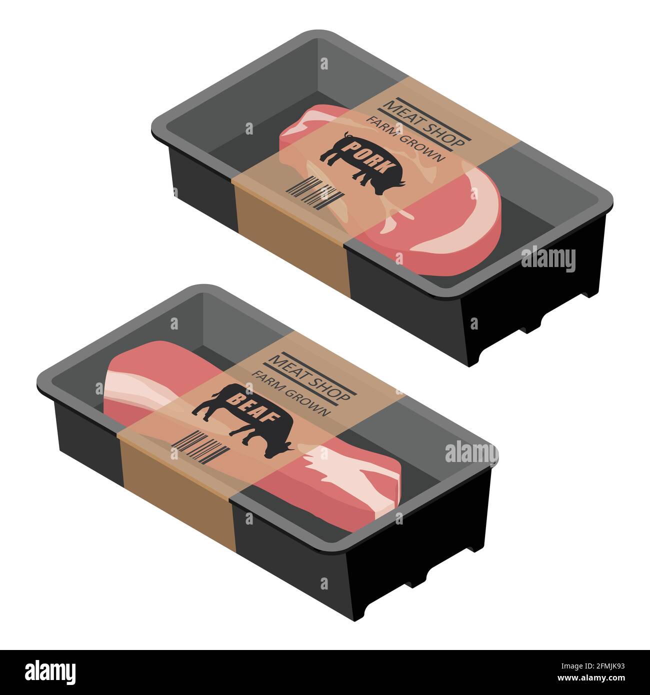 Raw fresh beef and pork meat food packing design. Isolated on white ...