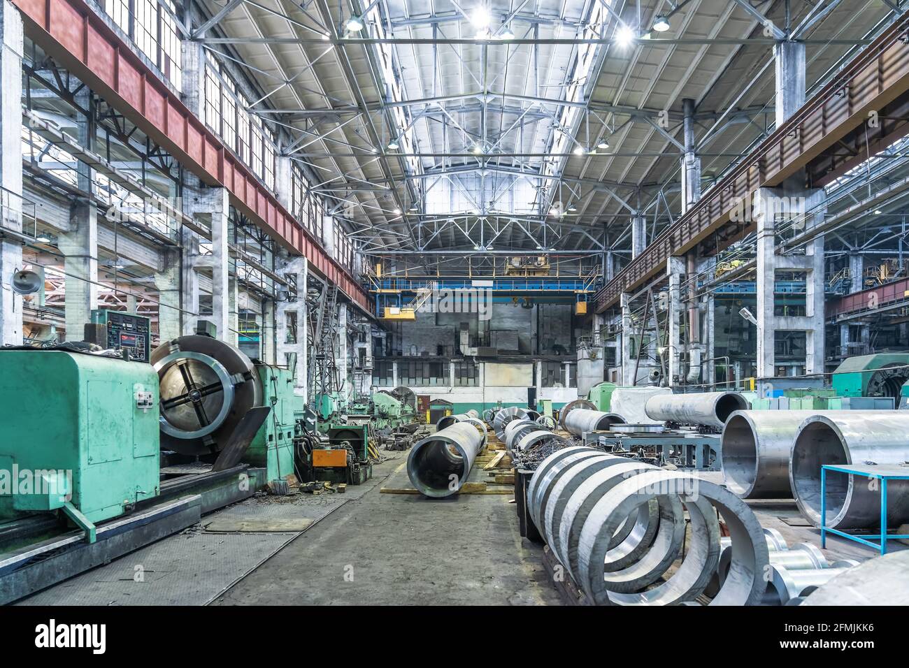 Pipe factory production line warehouse interior, metalwork heavy ...