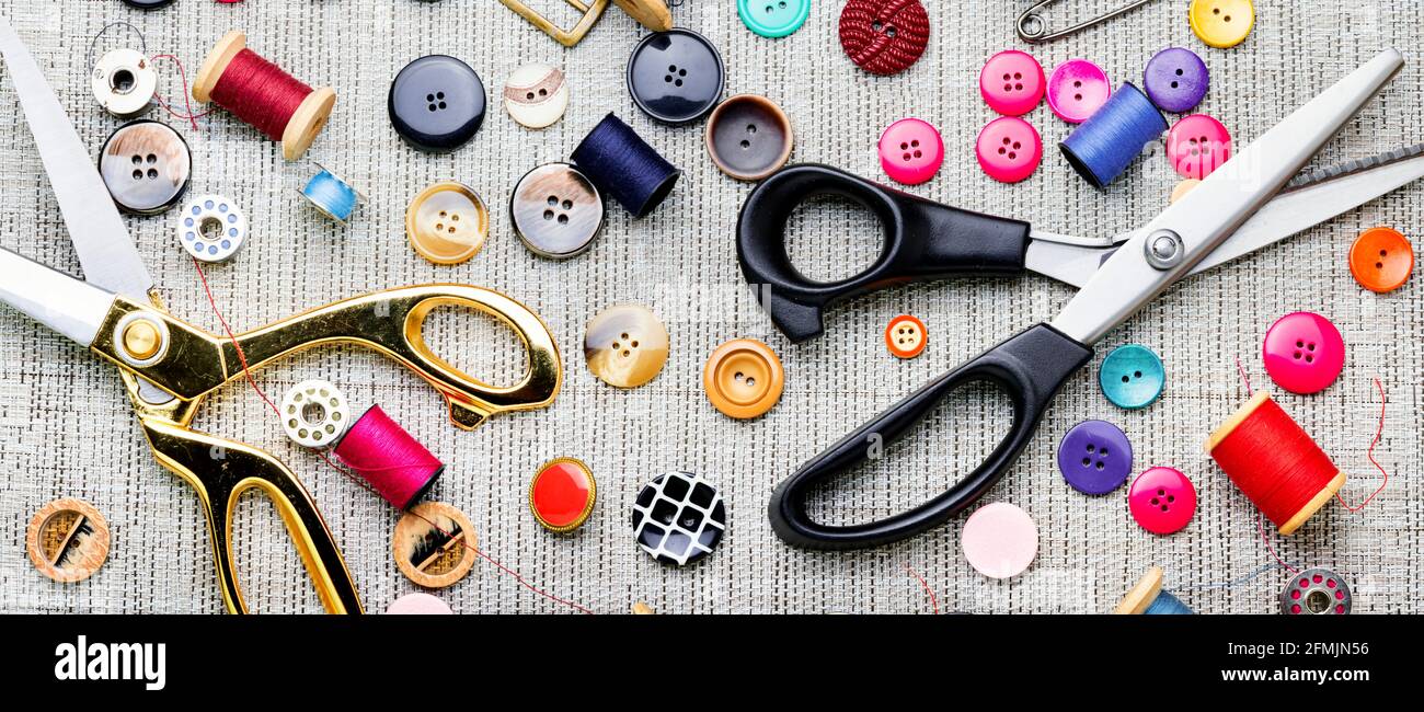 Set of buttons, threads and other sewing accessories.Tools for sewing ...