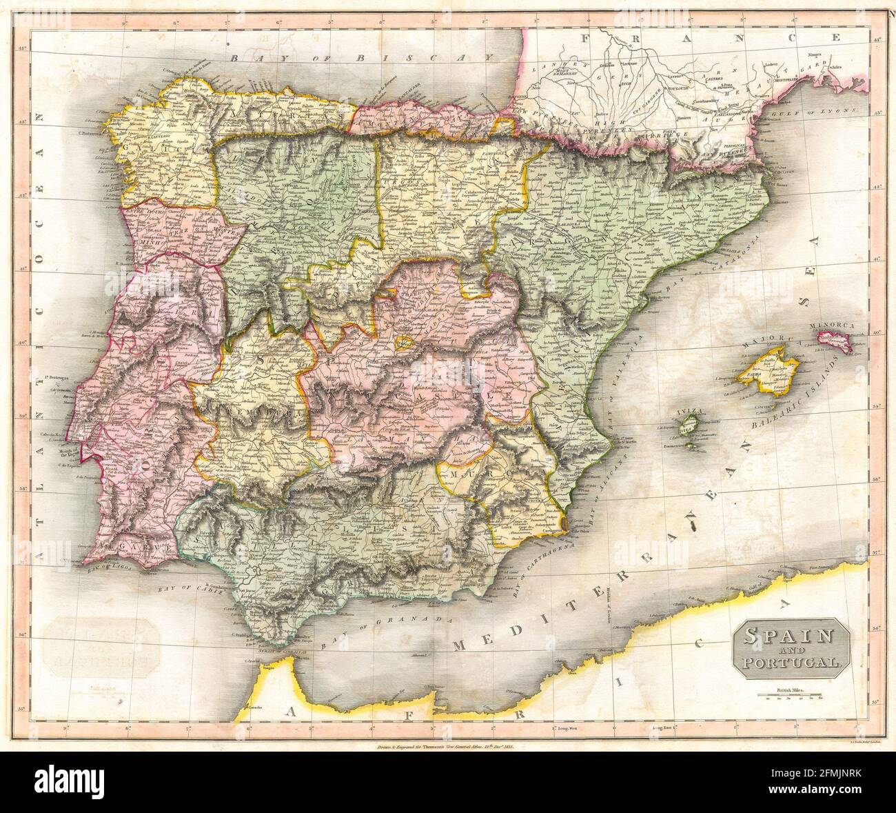 Vintage copper engraved map of Spain and Portugal from 19th century ...