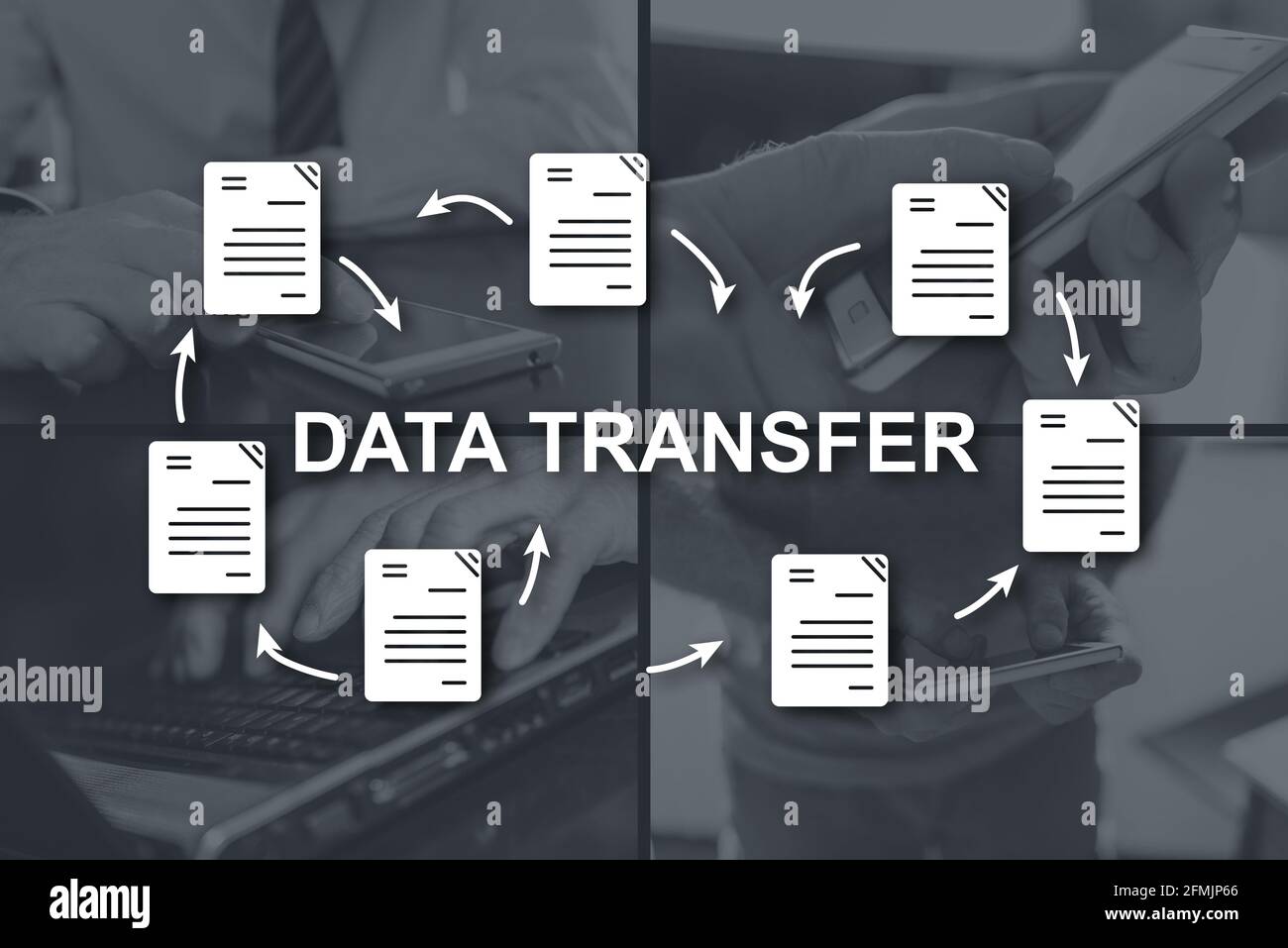 Data transfer concept illustrated by pictures on background Stock Photo ...